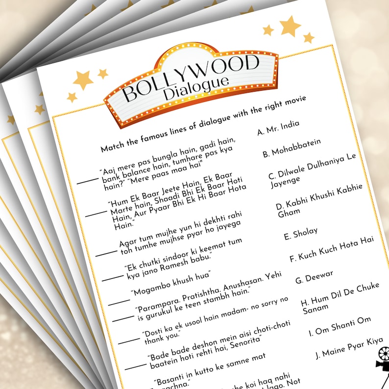 Bollywood Game, Bollywood Trivia, Bollywood Dialogue Game - Etsy