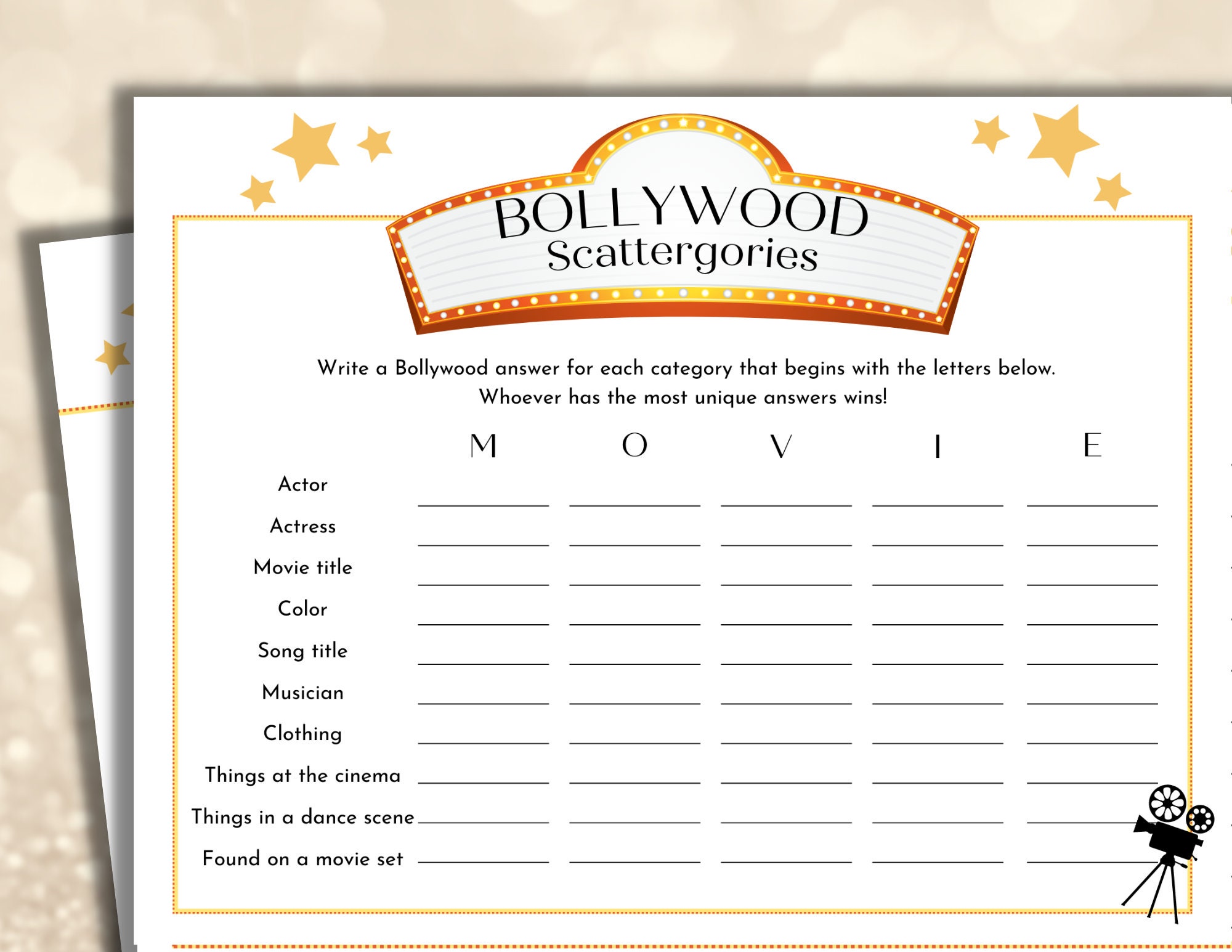 Bollywood Scattergories, Bollywood Trivia Game, Bollywood Party Game - Etsy