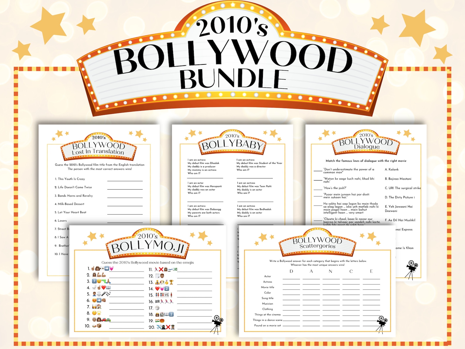 2010's Bollywood Games Bundle, Bollywood Trivia Games, Printable ...