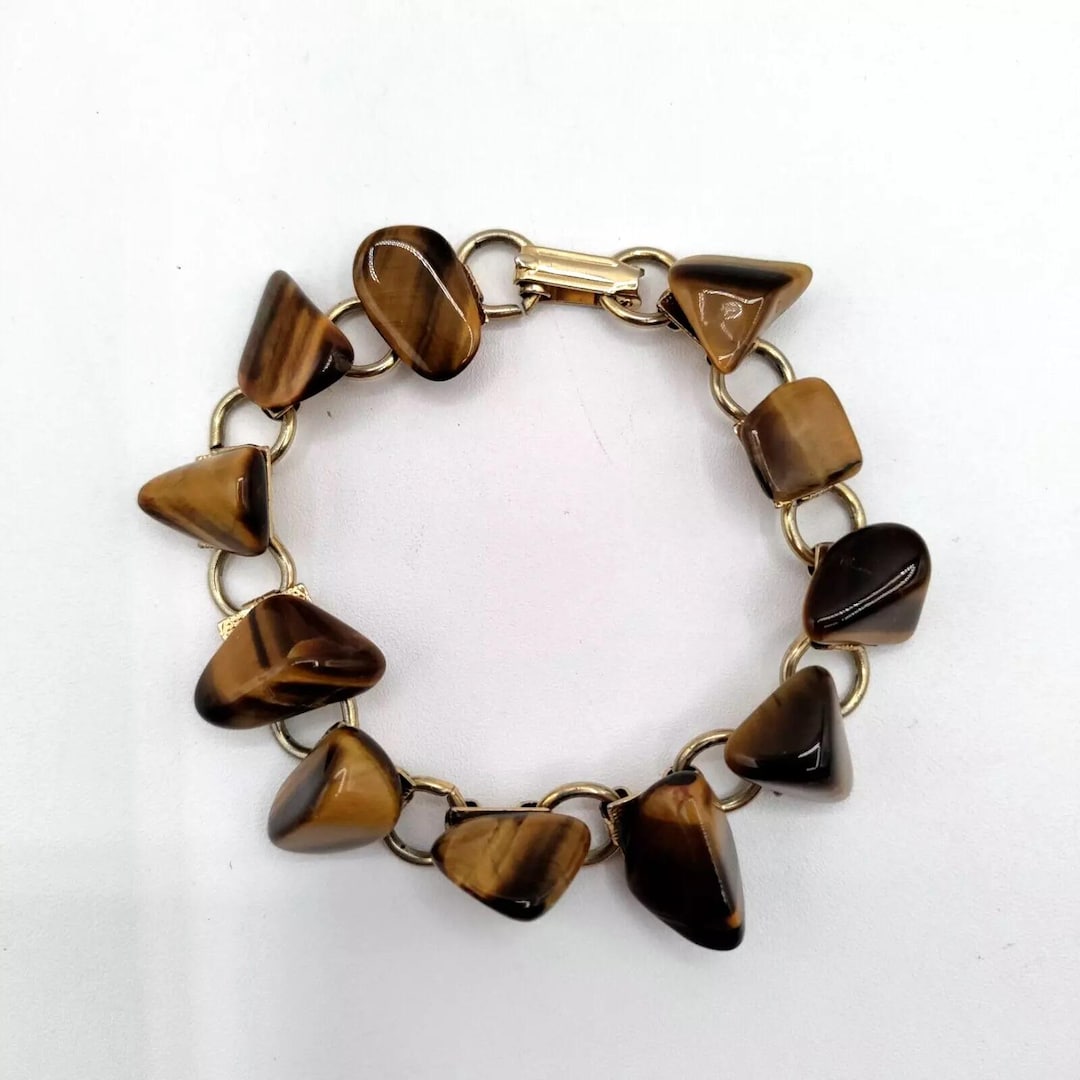 Vintage Tumbled Tigers Eye Link Bracelet Banded Brown Stones Gold Brass ...