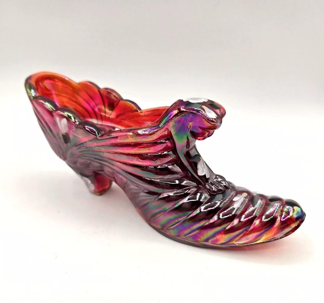 Fenton Iridescent Red Carnival Glass Cat Shoe Hand Painted Flowers ...