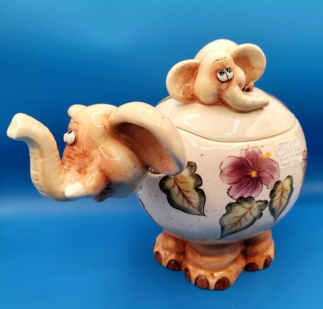Bobblehead Ceramic Cookie Jar Elephant & Baby Whimsical Purple Hibiscus ...