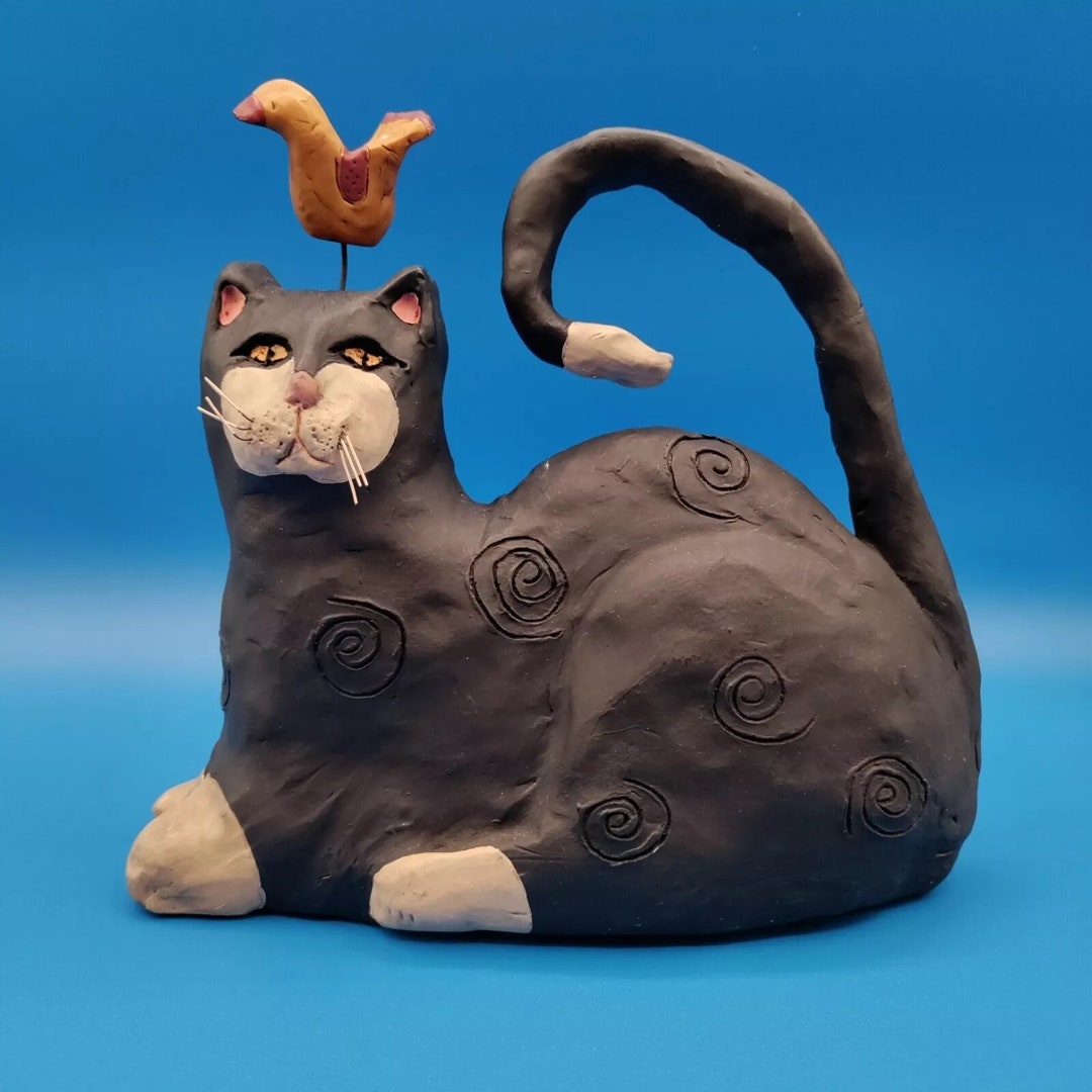 Whimsical Carved Black Cat Sculpture With Bird on Head Wire Whiskers ...