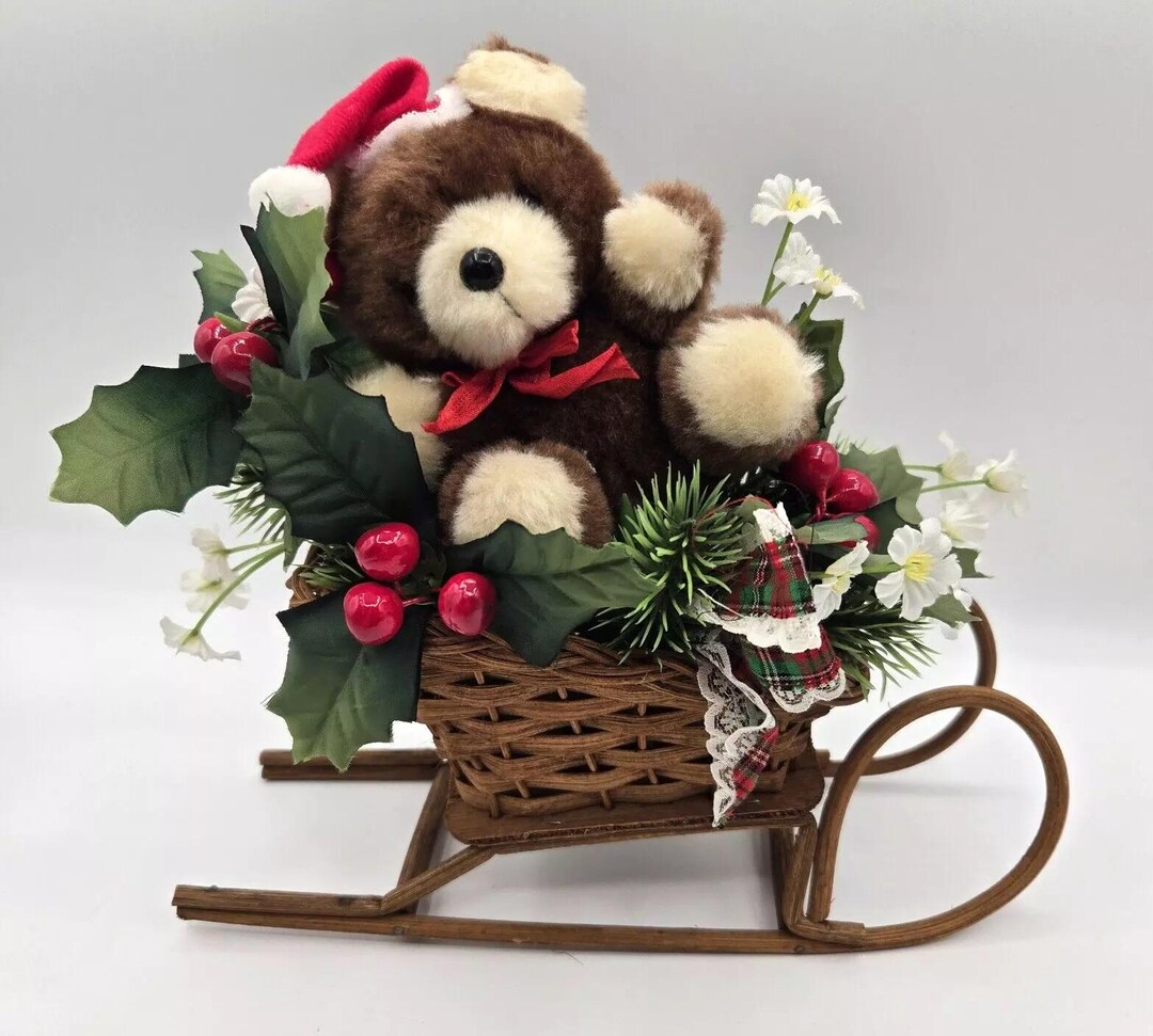 Vintage Brown Wicker Teddy Bear Sleigh Holly Berry 1980s Christmas ...