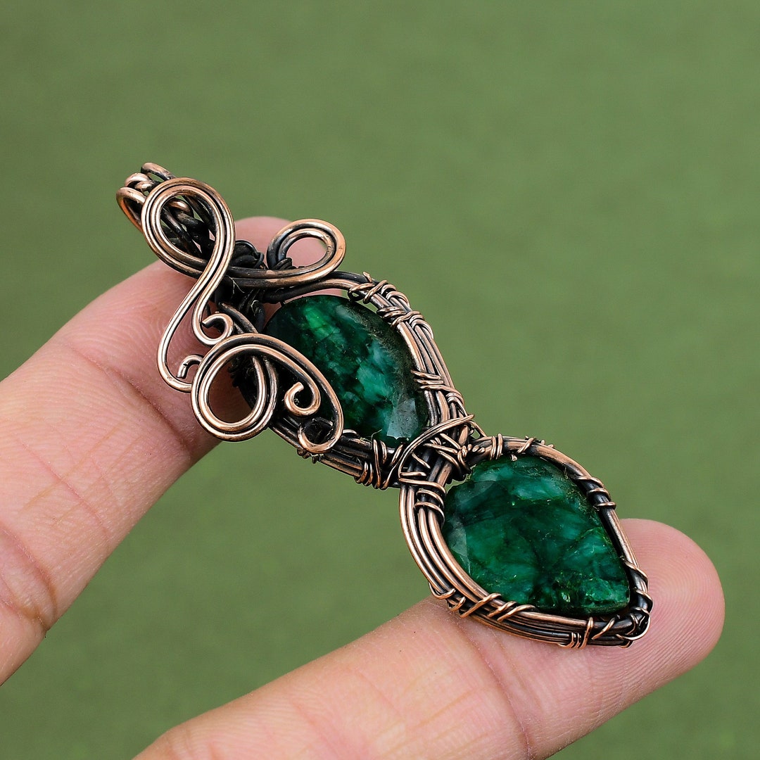 Zambian Emerald Gemstone Copper Wire Wrapped Pendant Copper Wire ...