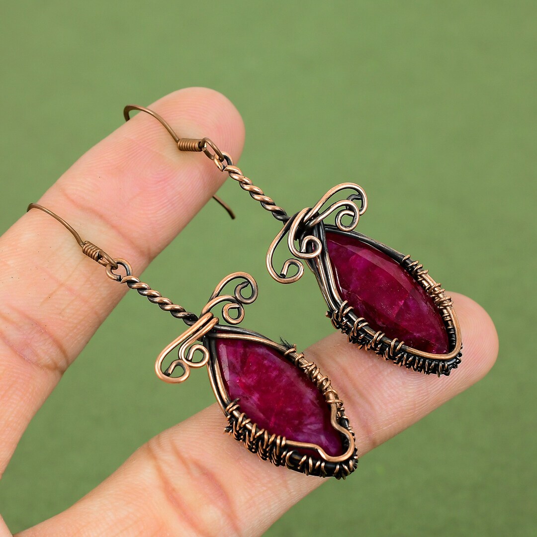 Kashmir Red Ruby Gemstone Copper Wire Wrapped Earring Copper Wire ...