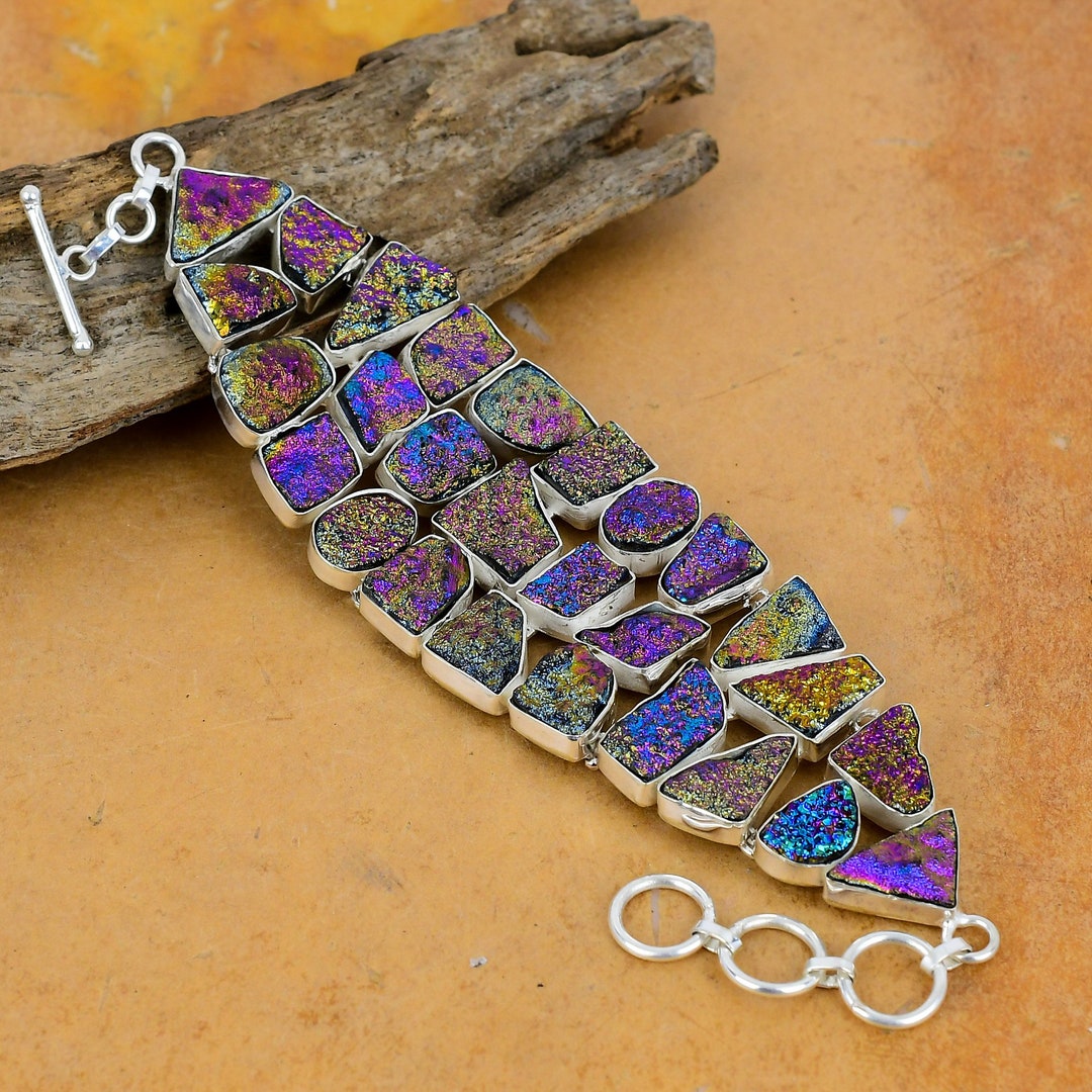 Rainbow Titanium Druzy Gemstone Handmade 925 Sterling Silver Bracelet ...