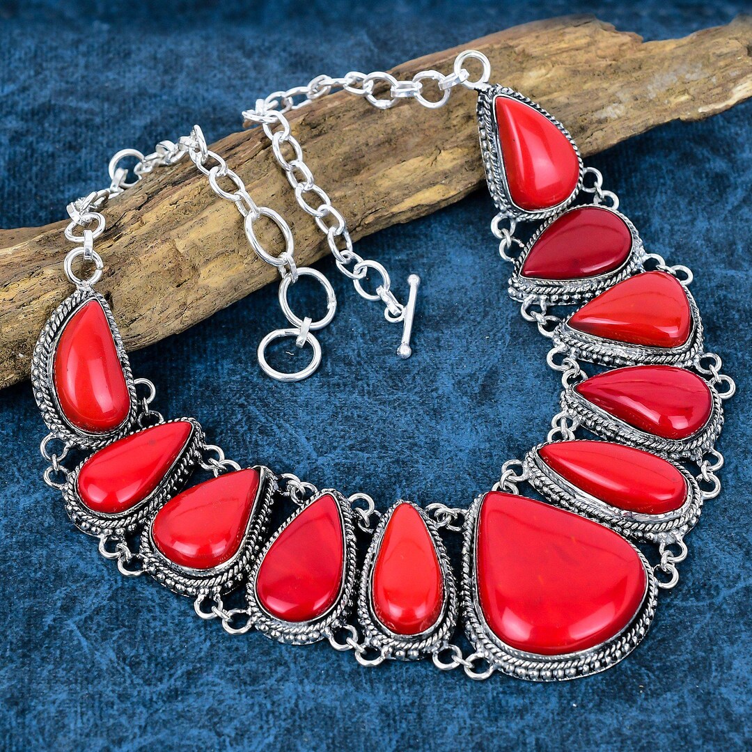 Red Coral Gemstone Handmade 925 Sterling Silver Necklace 925 Stamped ...