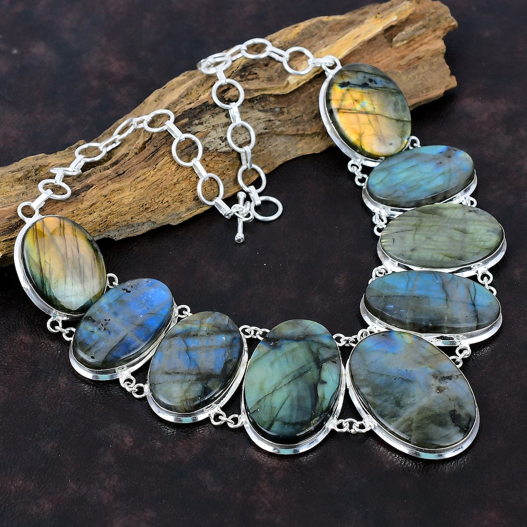 Labradorite Blue Fair Gemstone Handmade / 925 Sterling Silver Necklace / 925 Stamped Gemstone ...