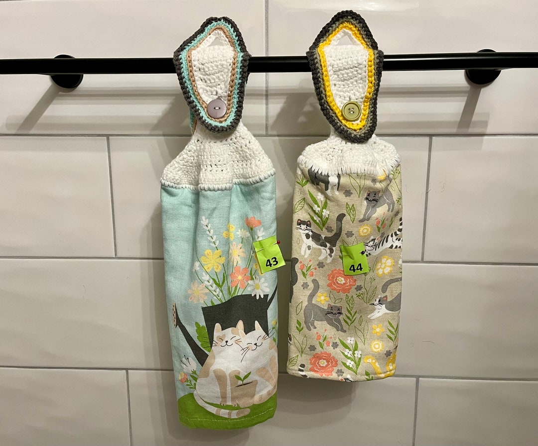 Cat Theme - Kitchen Towels With Crochet Topper and Bonus Top Loop - Etsy