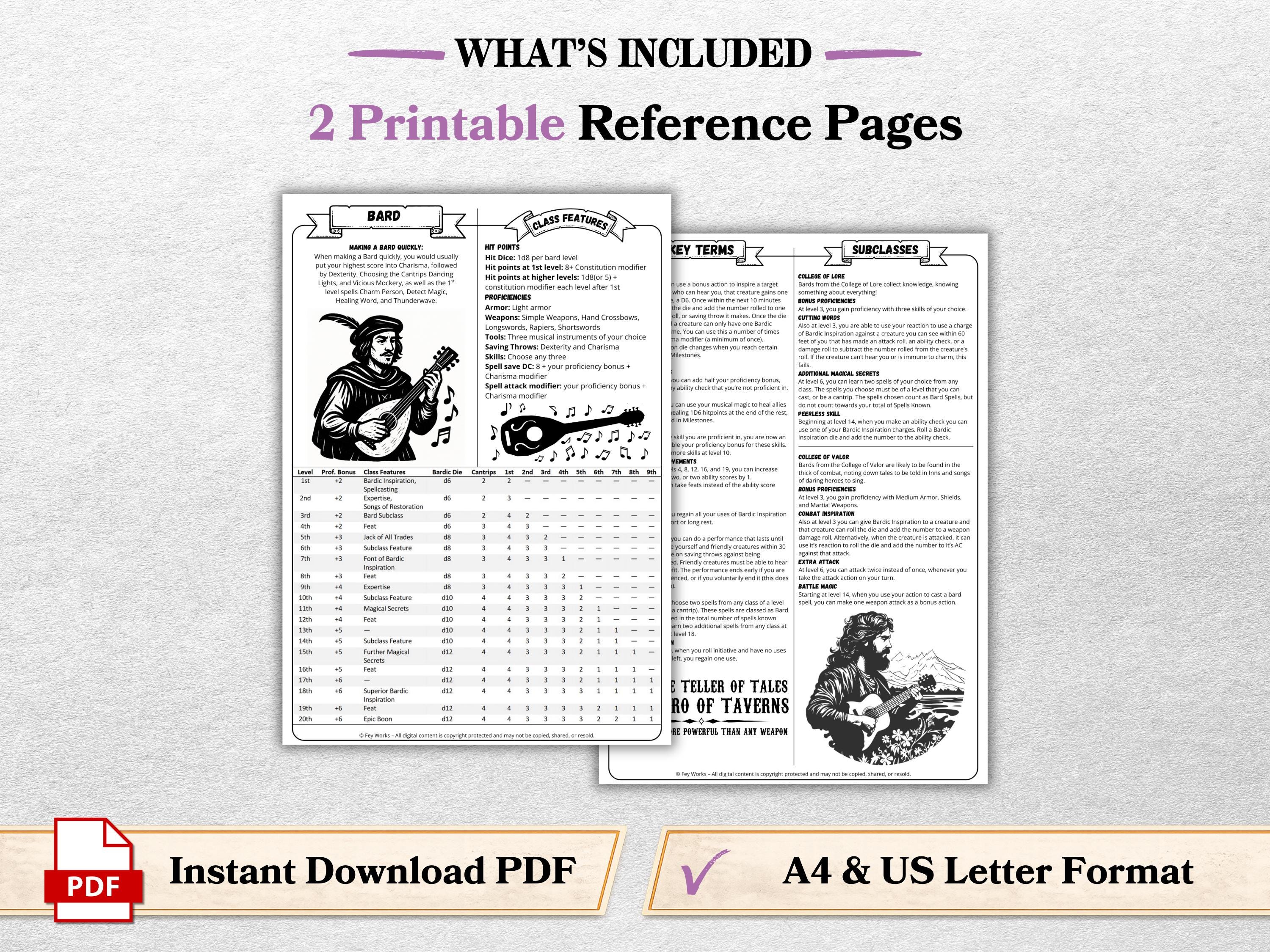 D&D 5e Bard Class Codex Printable | Bard Cheat Sheet | Dnd Player Aid ...