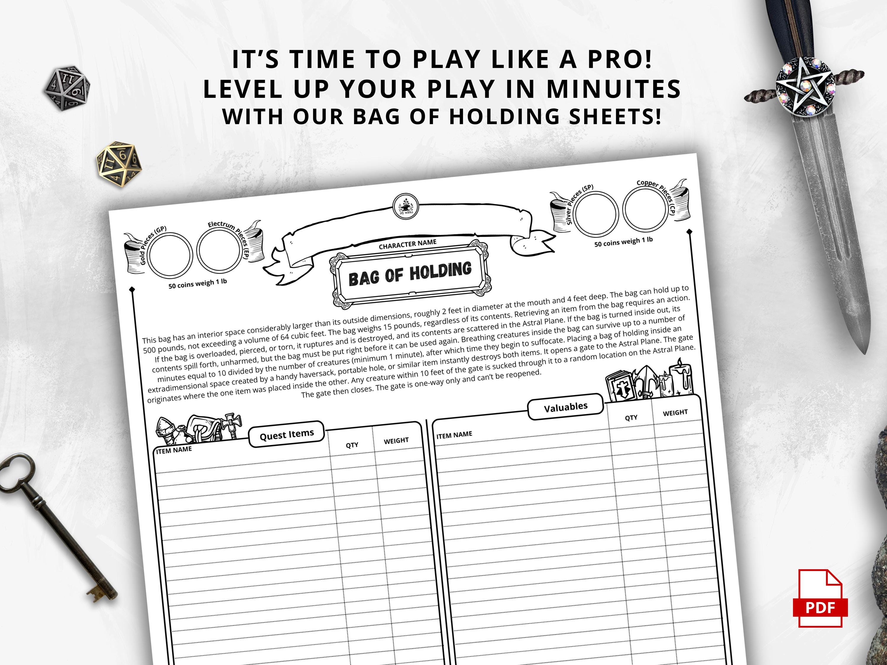 Dnd Bag of Holding, D&D Inventory Management, Printable PDF, Compatible ...