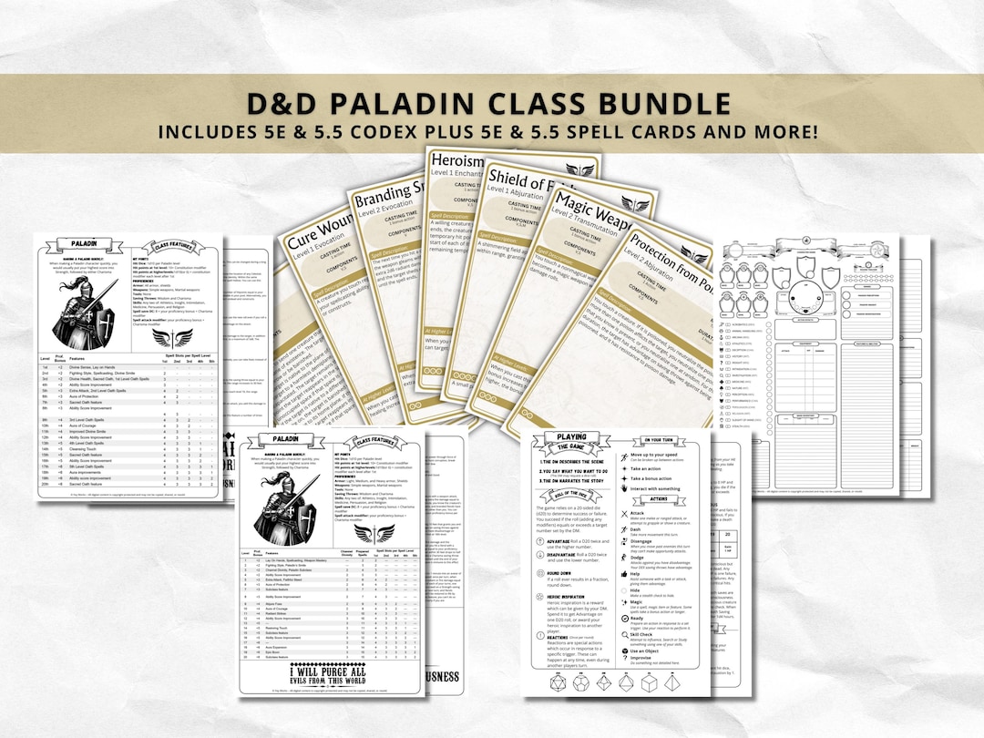 D&D Paladin Class Bundle: 5e and 5.5e Spell Cards, Character Sheet ...