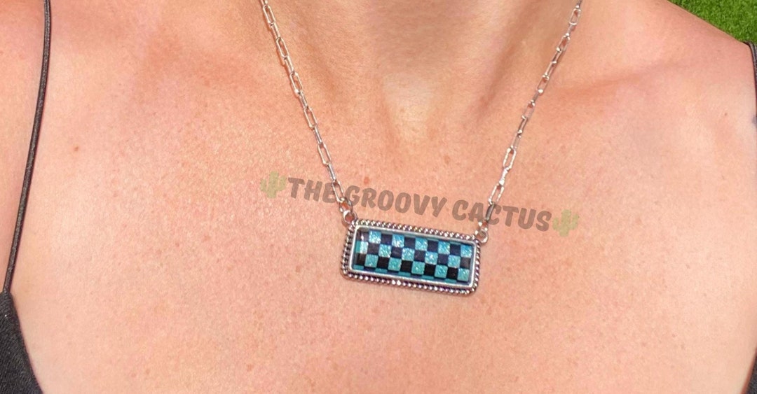 Blue Checker Print Bar Necklace - Etsy