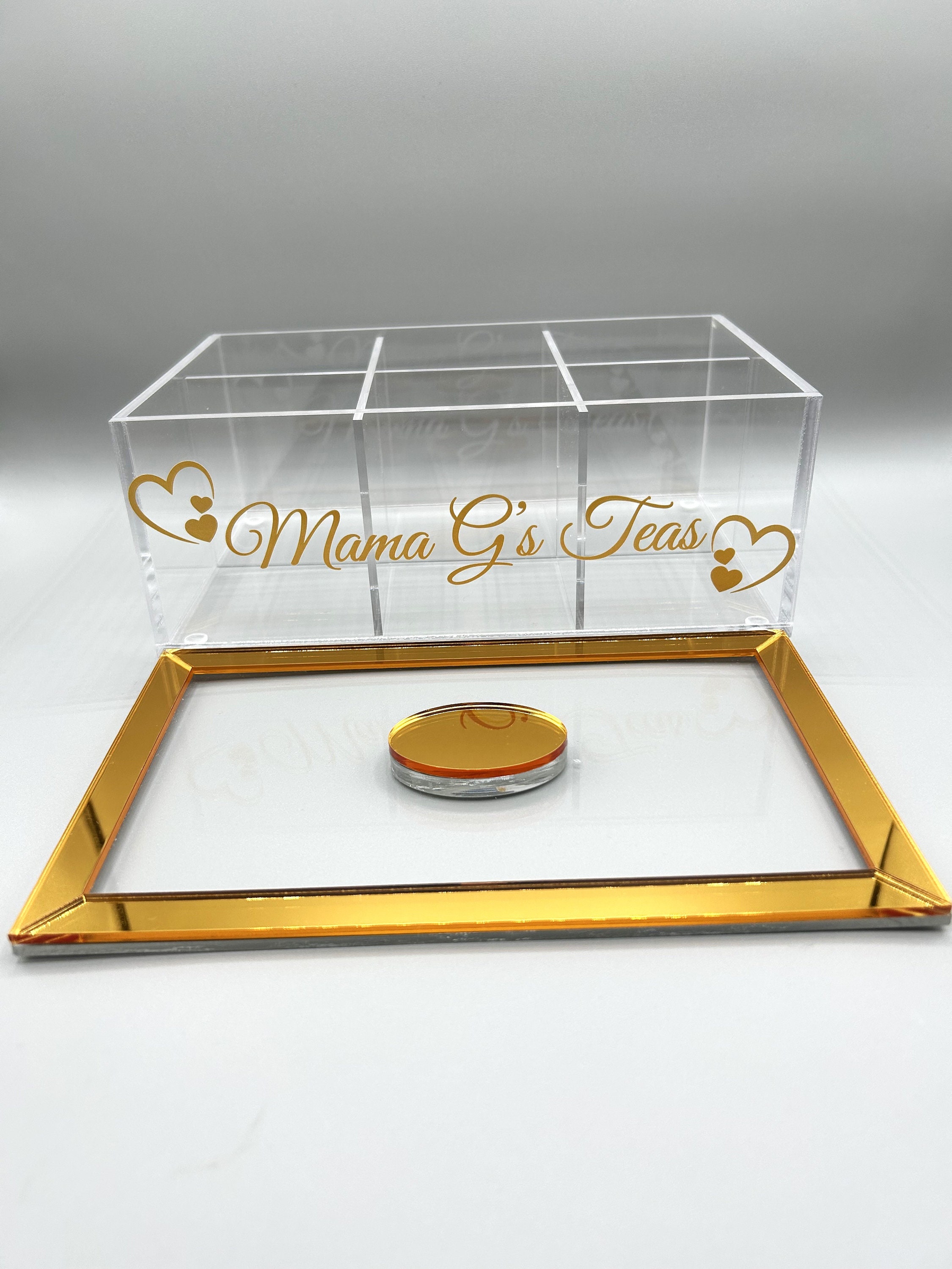 Personalized Acrylic Tea Box With Gold Mirror - Print Your Name, Text ...