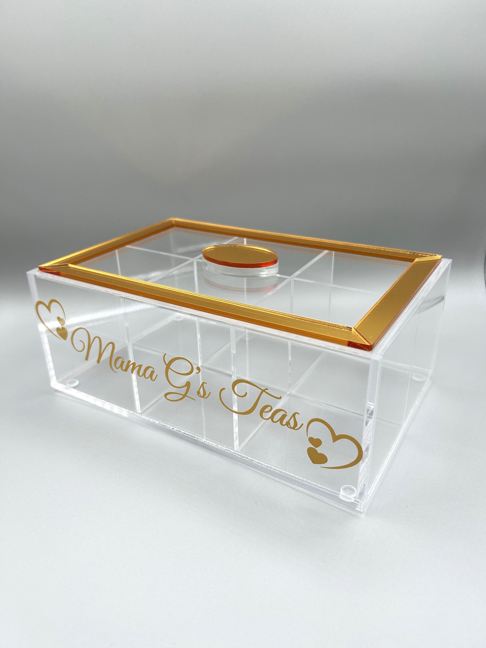 Personalized Acrylic Tea Box With Gold Mirror - Print Your Name, Text ...
