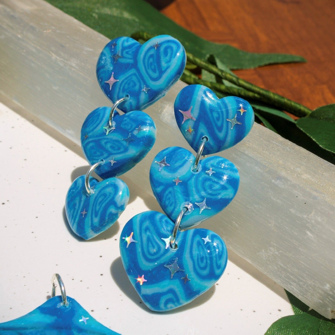 Sky Blue Spiral Heart Stack Handmade Polymer Clay Dangle Earrings - Etsy