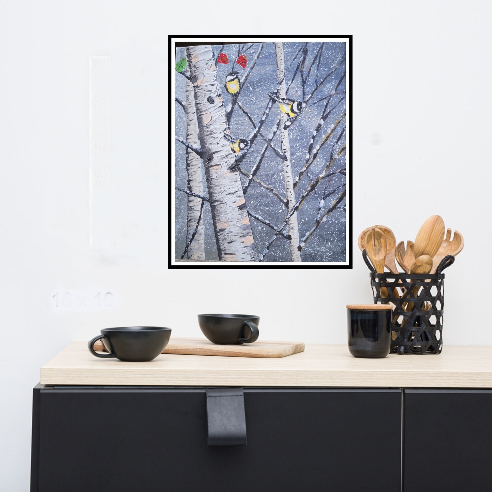 Silver Winter Birch Tree Forest Painting, Chic Chickadee Wall Art Decor ...