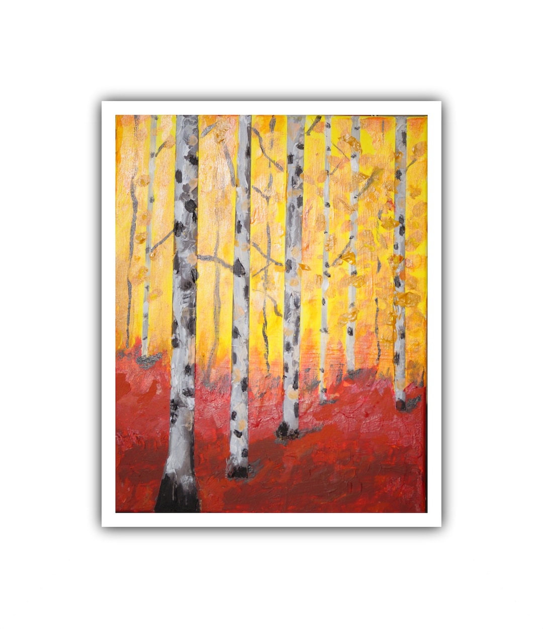 Warm Red and Gold Birch Trees Artwork Print, Soothing Nature Wall Decor ...