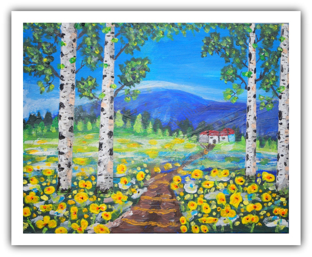 Nature-inspired Birch Tree Art With Vibrant Flowers - Stunning Wall ...