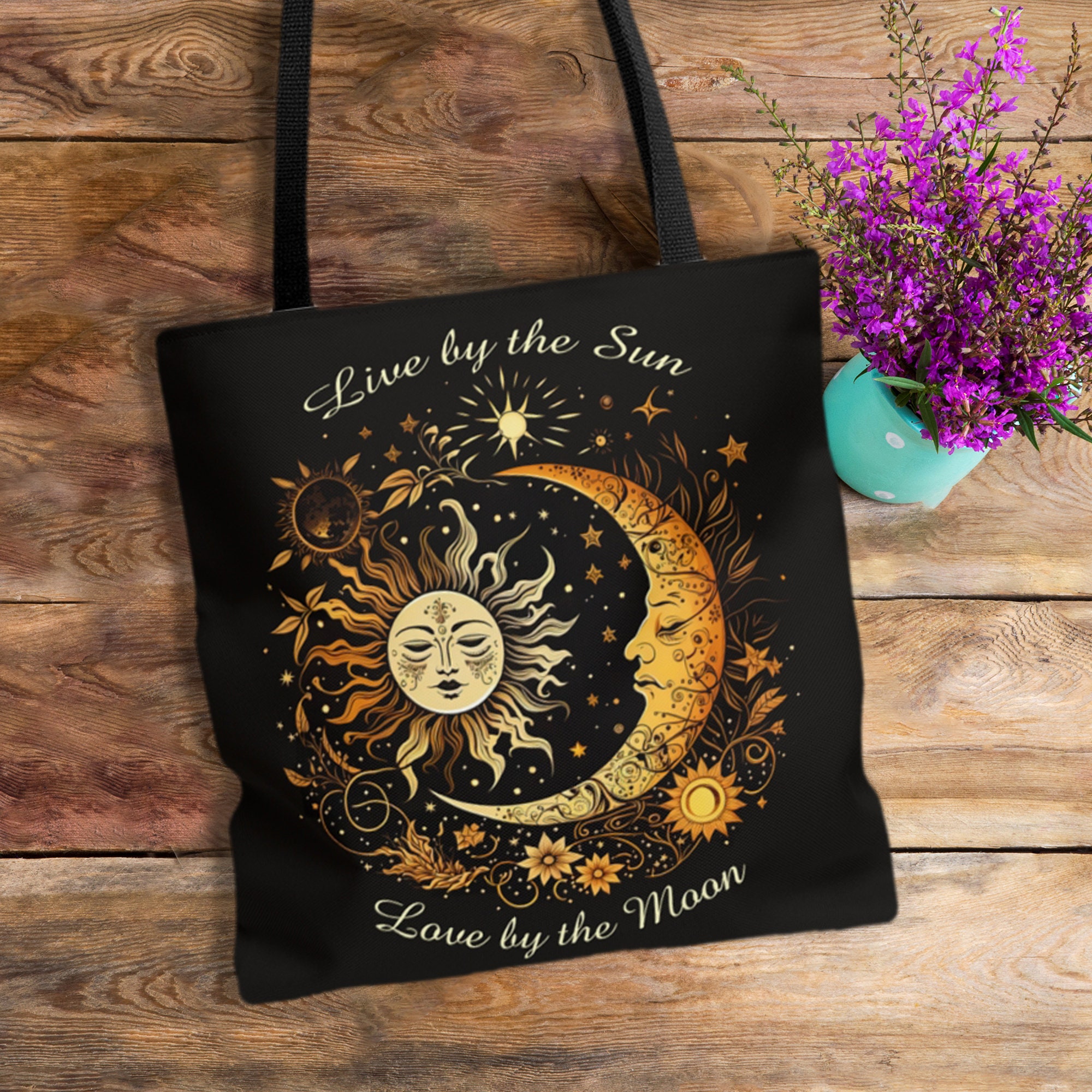 Sun Moon Tote Bag, Live by the Sun Love by the Moon, Boho Tote Bag ...