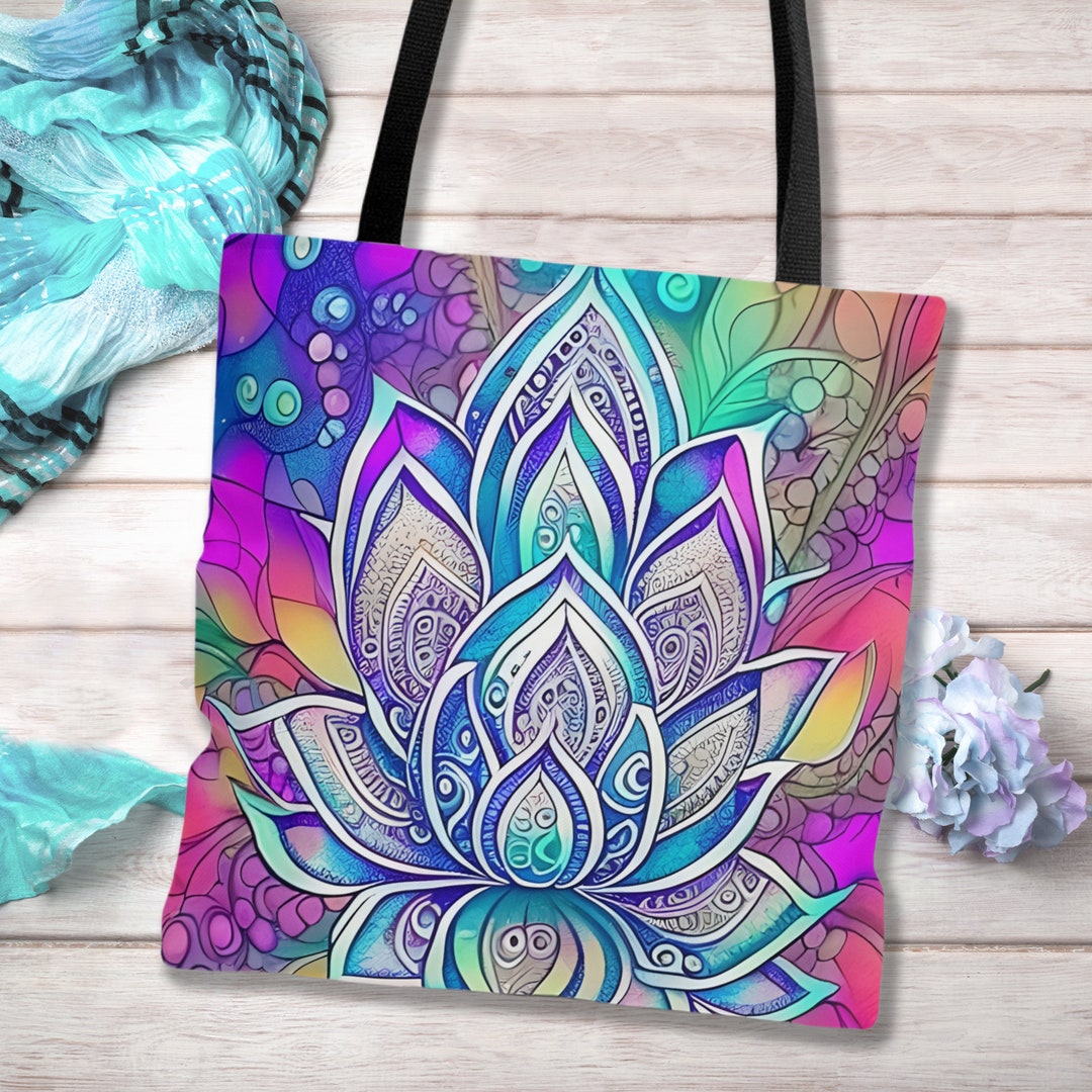 Lotus Flower Tote Bag, Yoga Tote, Cute Yoga Bag, Tote Bag Gift, Vibrant ...