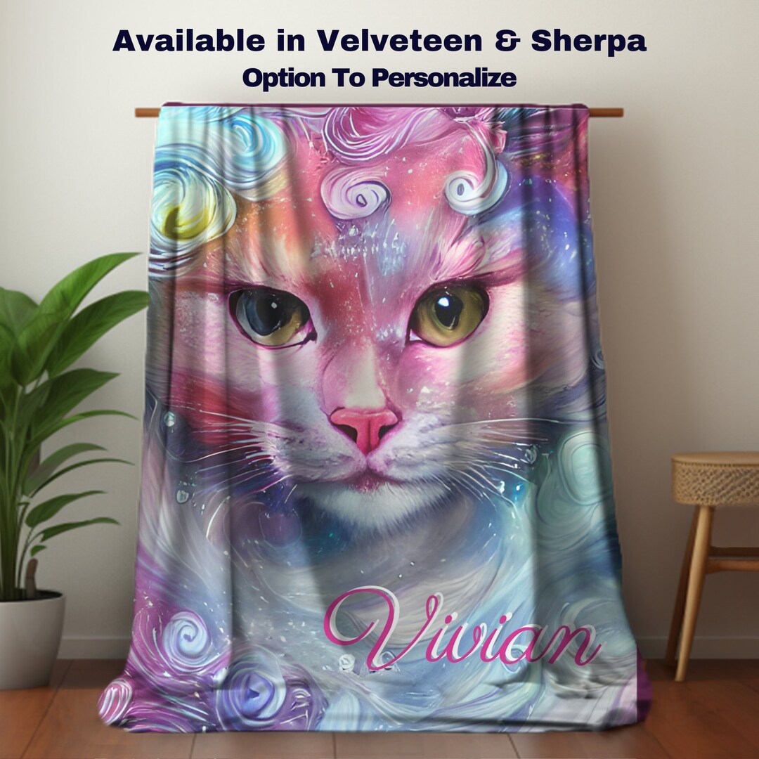 Personalized Cat Sherpa Blanket, Custom Cat Blanket, Cute Pastel Cat ...