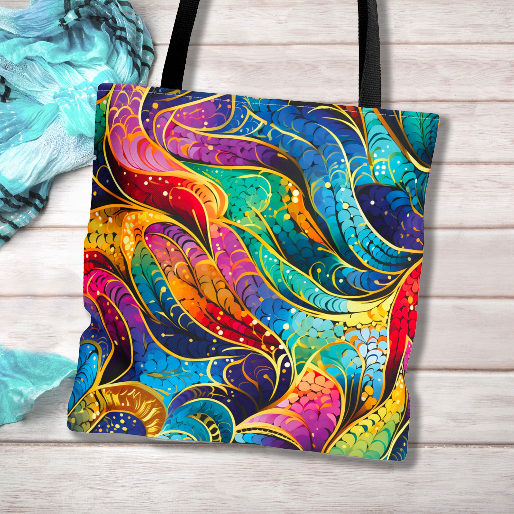 Golden Batik Tote Bag, All Over Printed Tote, Colorful Tote Bag, Cute ...