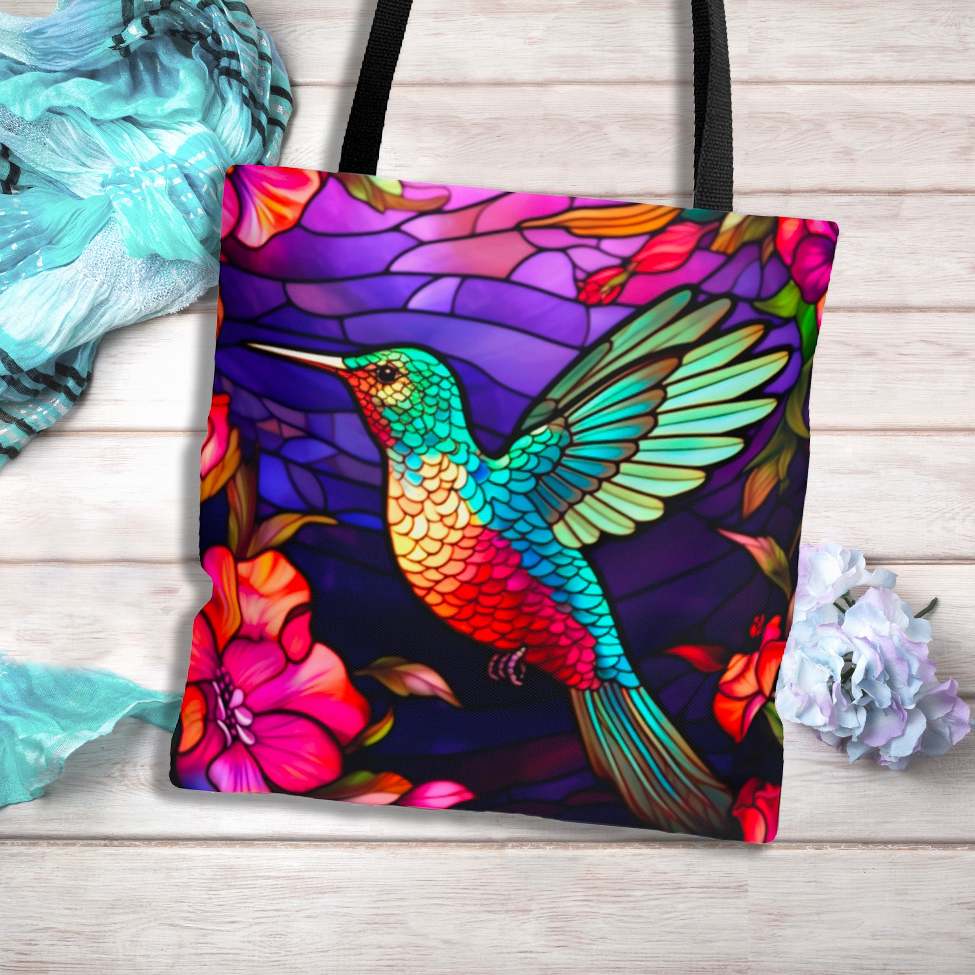 Hummingbird Tote Bag, Stained Glass Bag, Stained Glass Bag, Colorful ...