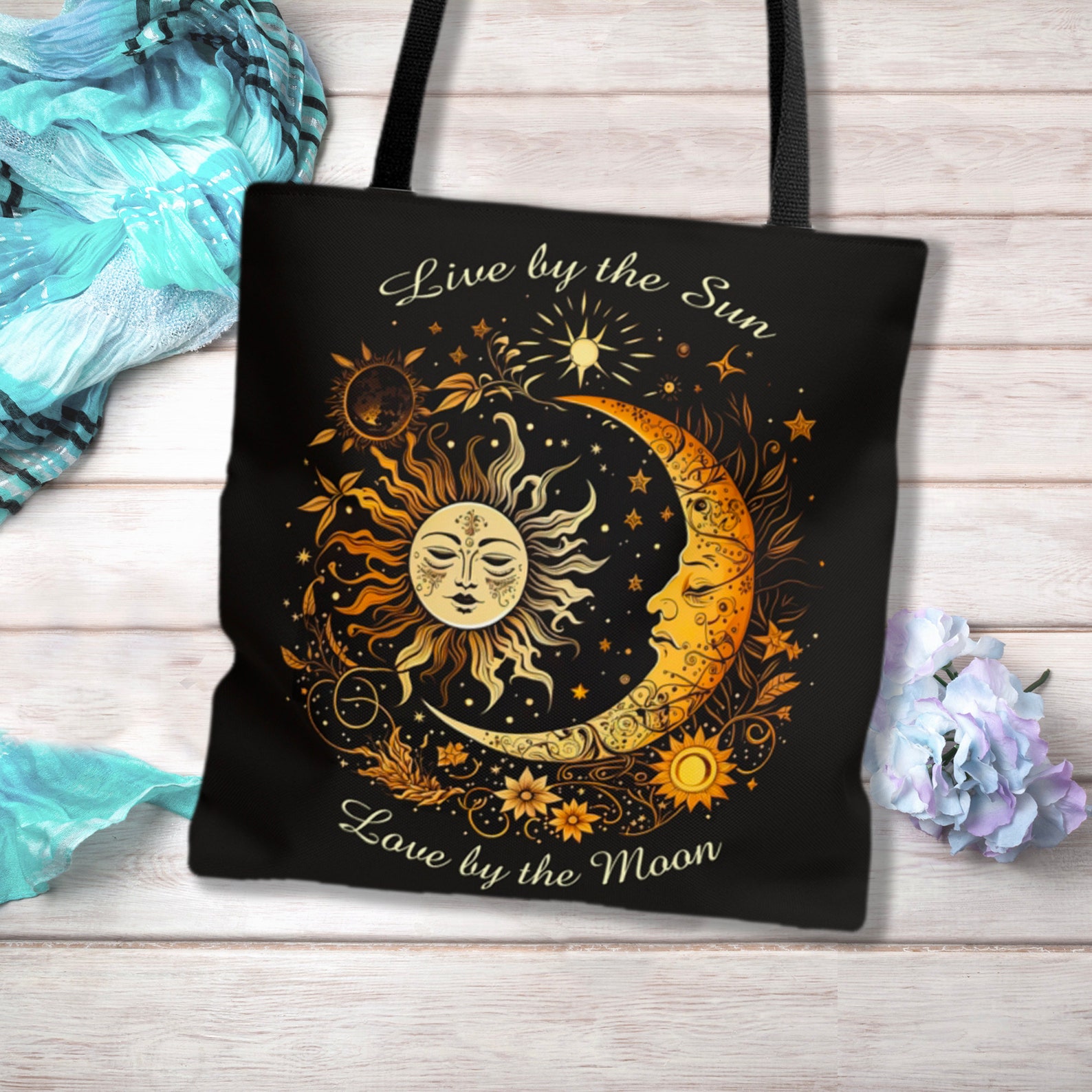 Sun Moon Tote Bag, Live by the Sun Love by the Moon, Boho Tote Bag ...