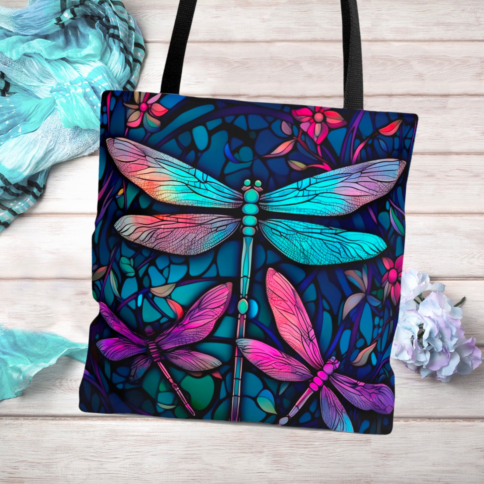 Dragonfly Tote Bag, Stained Glass Bag, Dragonfly Bag, Colorful Bag ...