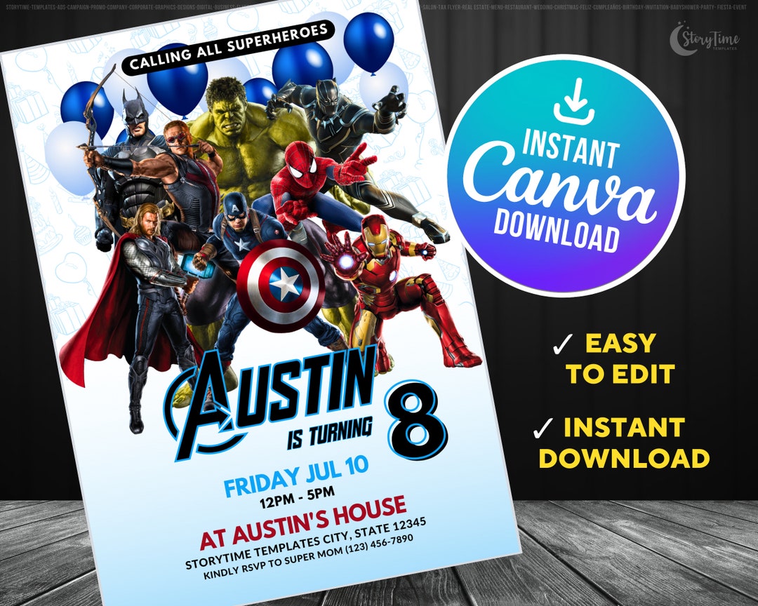 Superhero Invitation for Boys Marvel Editable Digital Invitation ...