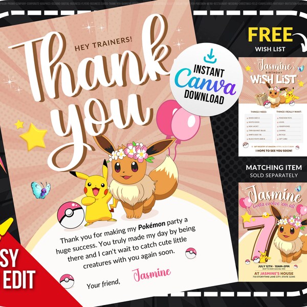 Pikachu Thank You Invitation - Etsy