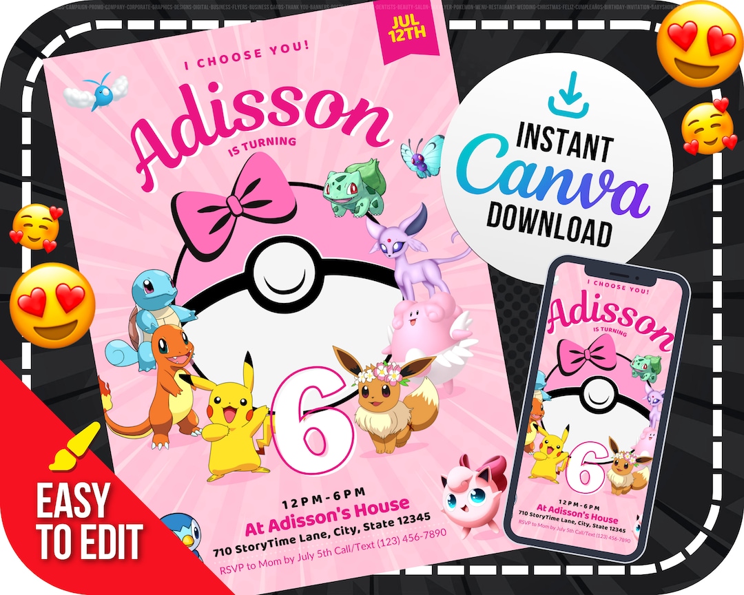 Invitación Pokemon, Invitación Pokemon Chica, Cumpleaños Pokemon ...