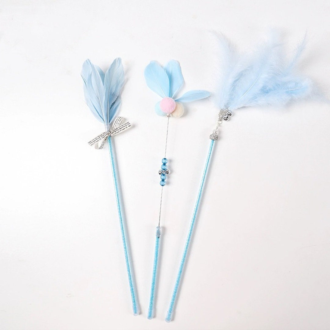 Handmade Cat Teaser Set Durable Deluxe Feather Tassels Pompons Cat Toy ...