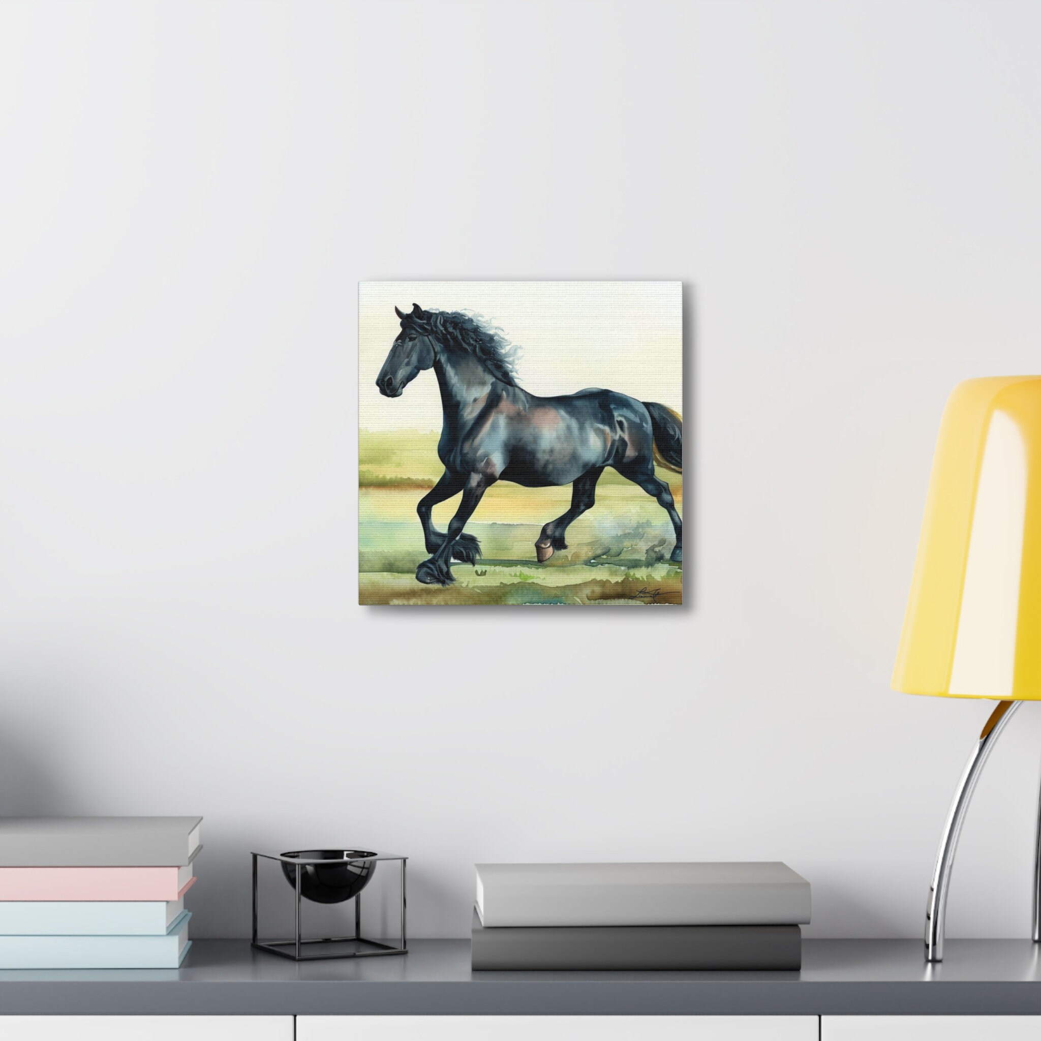 Watercolor Art Print of a Friesian Horse on Gallery Wrapped Canvas of ...