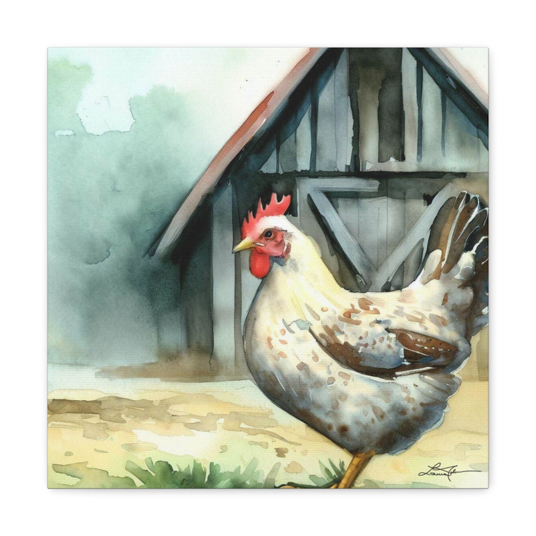 Watercolor Chicken Art Print on Gallery Wrapped Canvas, Farmhouse Wall ...