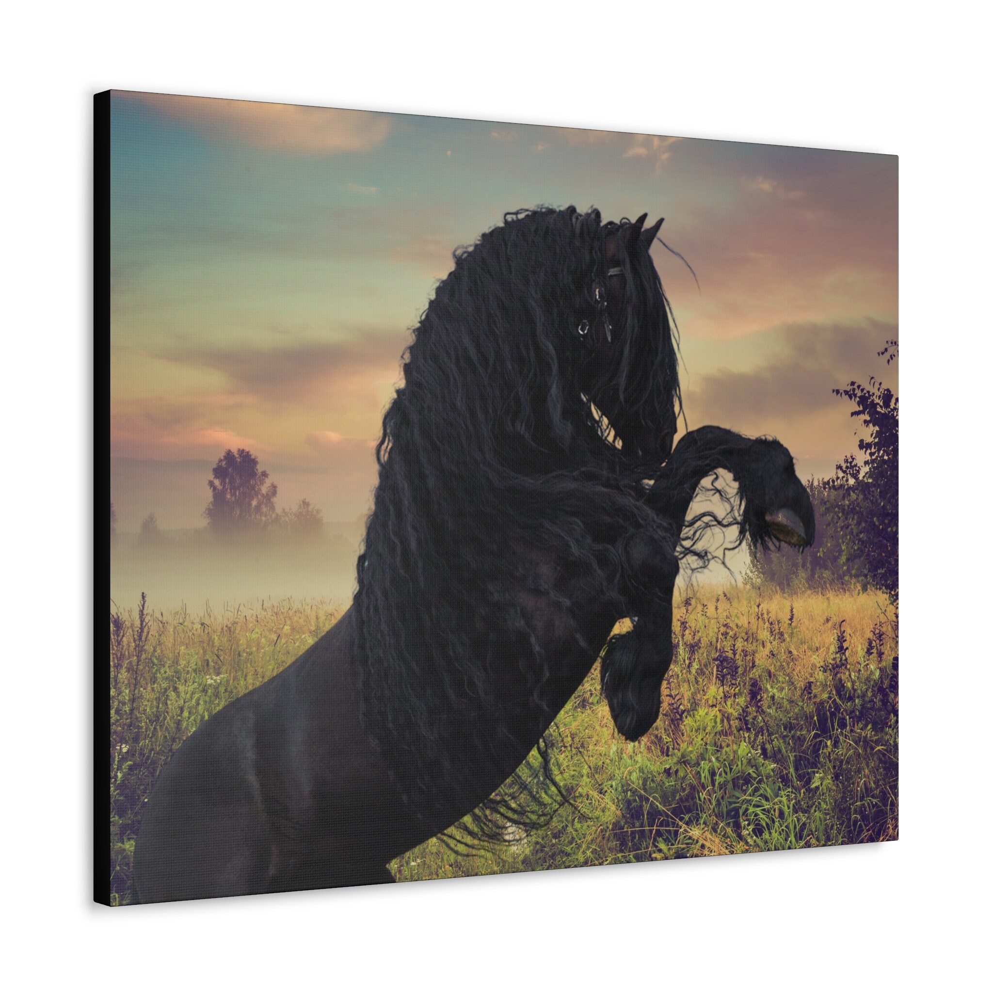 Rearing Black Friesian Horse Landscape Art Print on Gallery Wrap Canvas ...