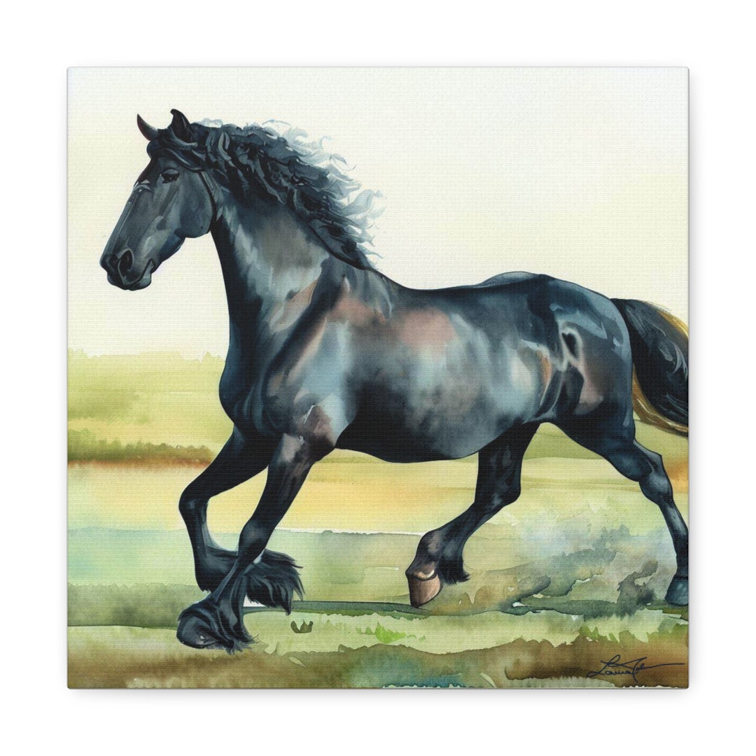 Watercolor Art Print of a Friesian Horse on Gallery Wrapped Canvas of ...