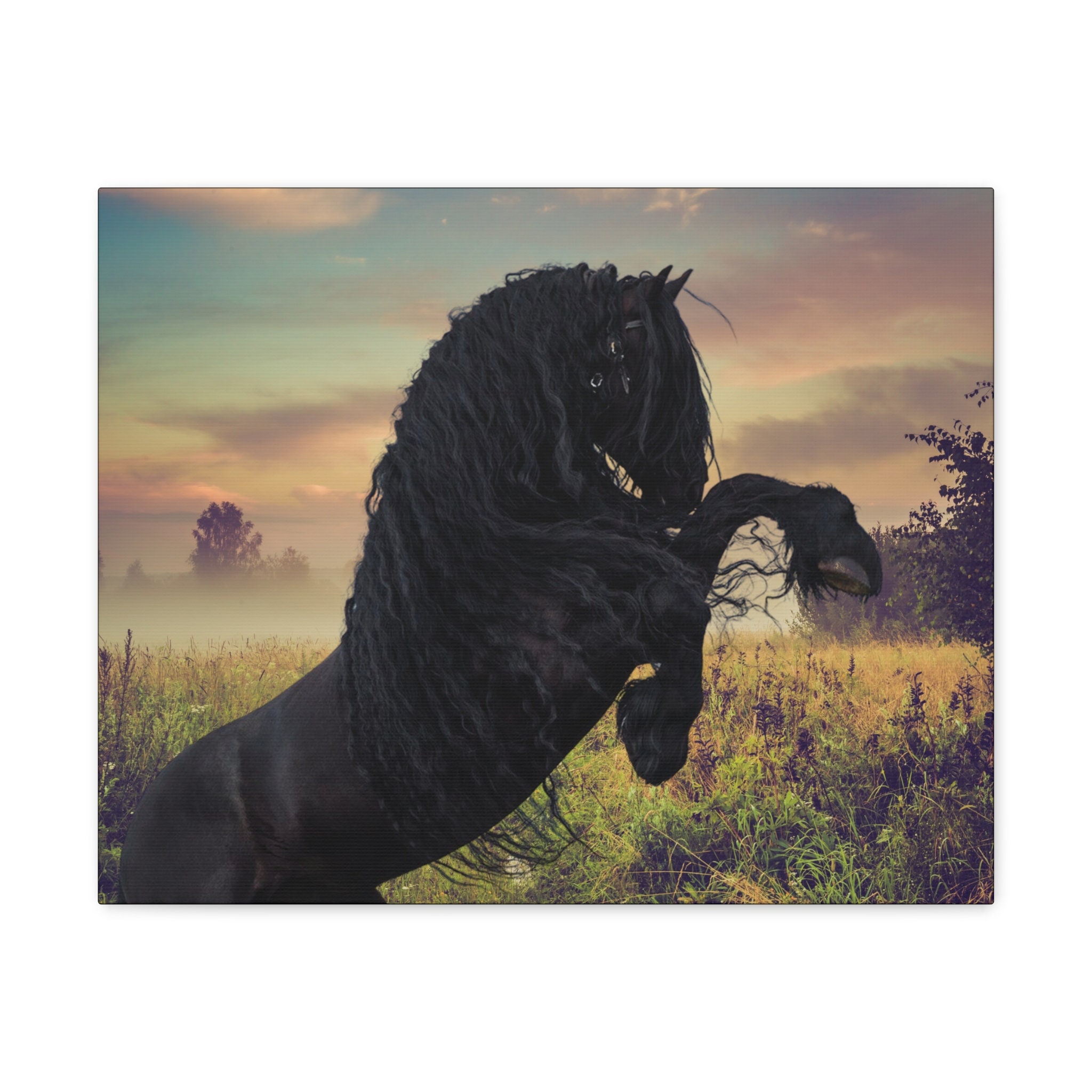Rearing Black Friesian Horse Landscape Art Print on Gallery Wrap Canvas ...
