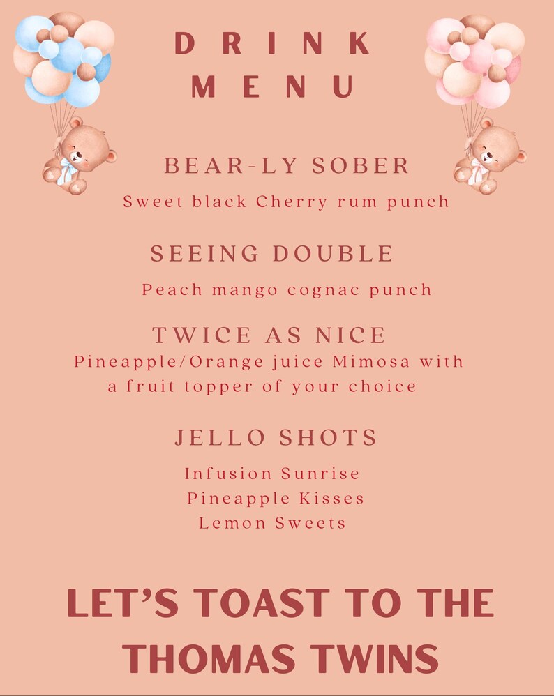 Teddy Bear Drink Menu - Etsy