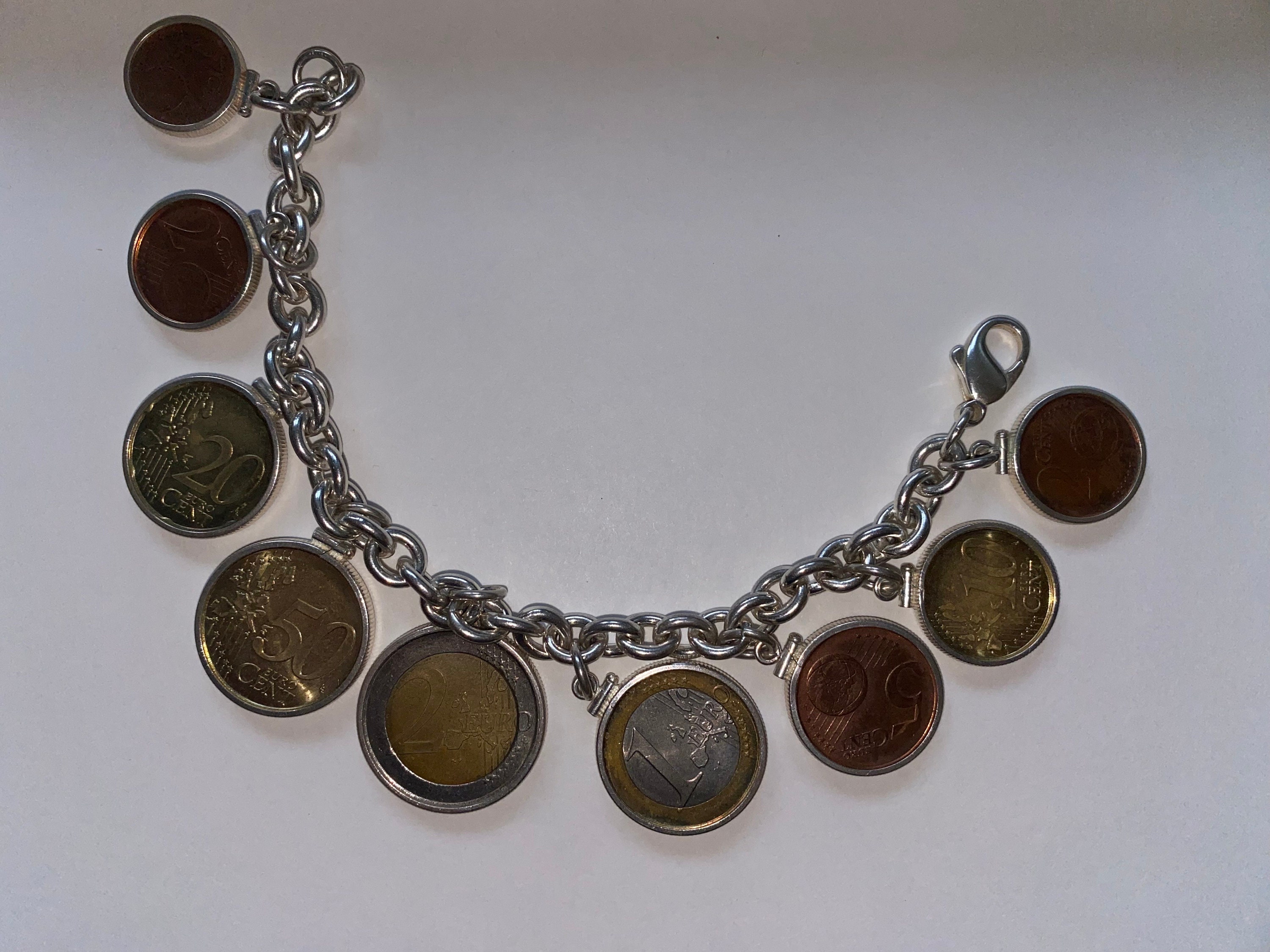 9 Bezel Set Euro Coins 925 Sterling Silver Charm Bracelet - Etsy