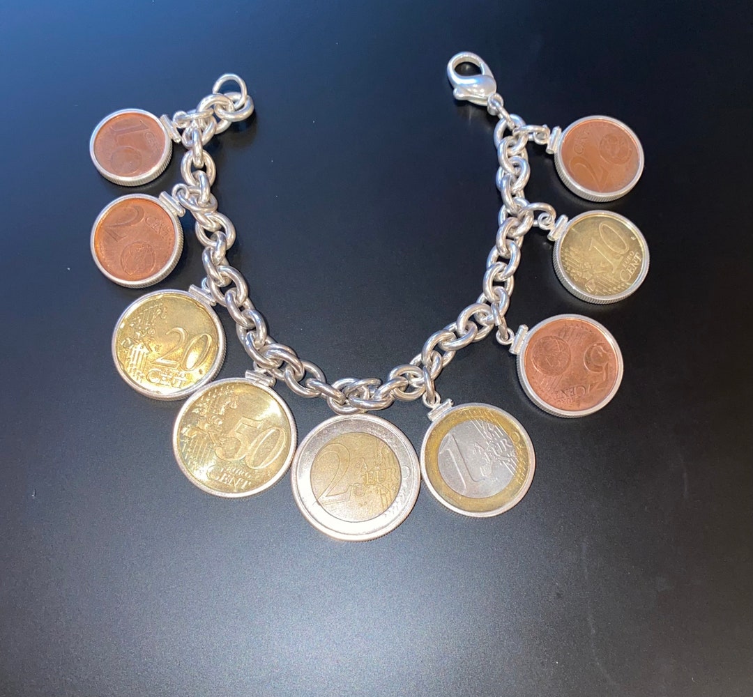9 Bezel Set Euro Coins 925 Sterling Silver Charm Bracelet - Etsy