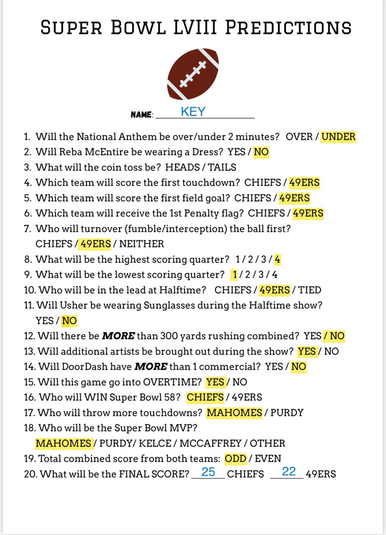 Super Bowl 58 LVIII Predictions Printable PDF - Etsy