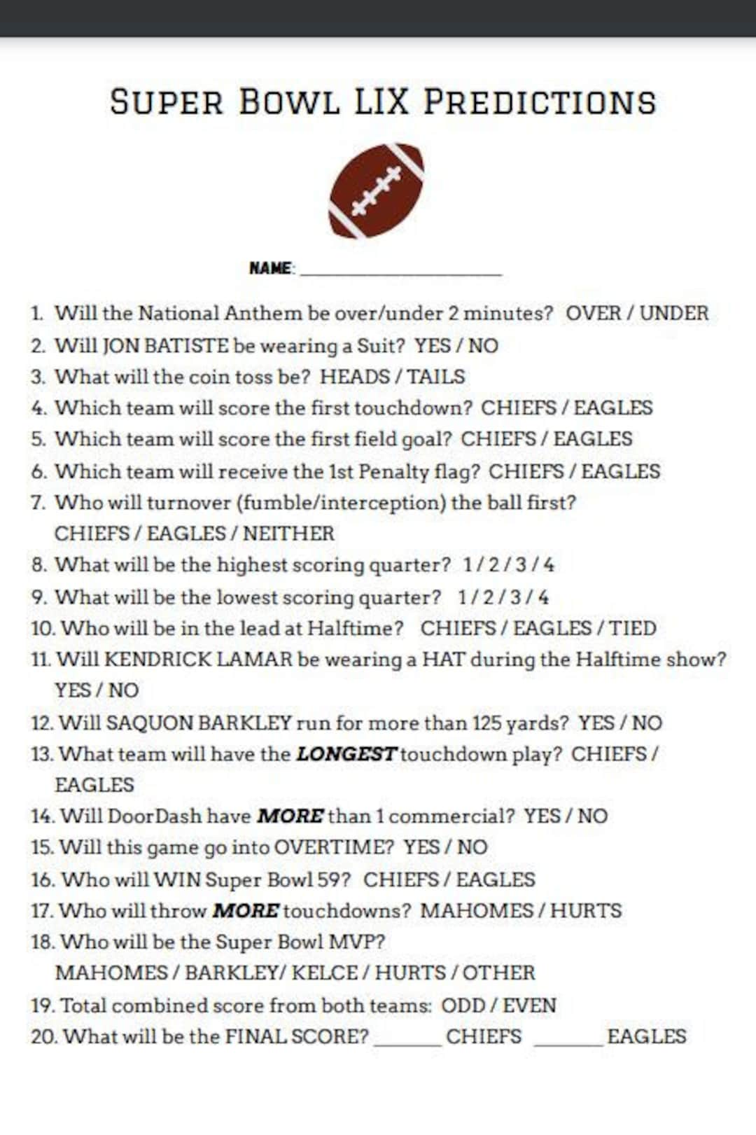 Super Bowl 59 LIX Predictions Printable PDF - Etsy