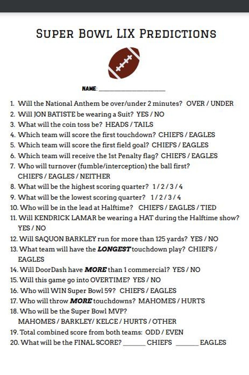Super Bowl 59 LIX Predictions Printable PDF - Etsy