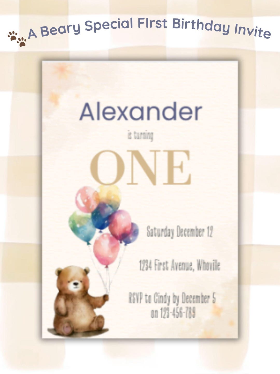 Editable Bear Birthday Invite|a Beary Special First Birthday|bear ...