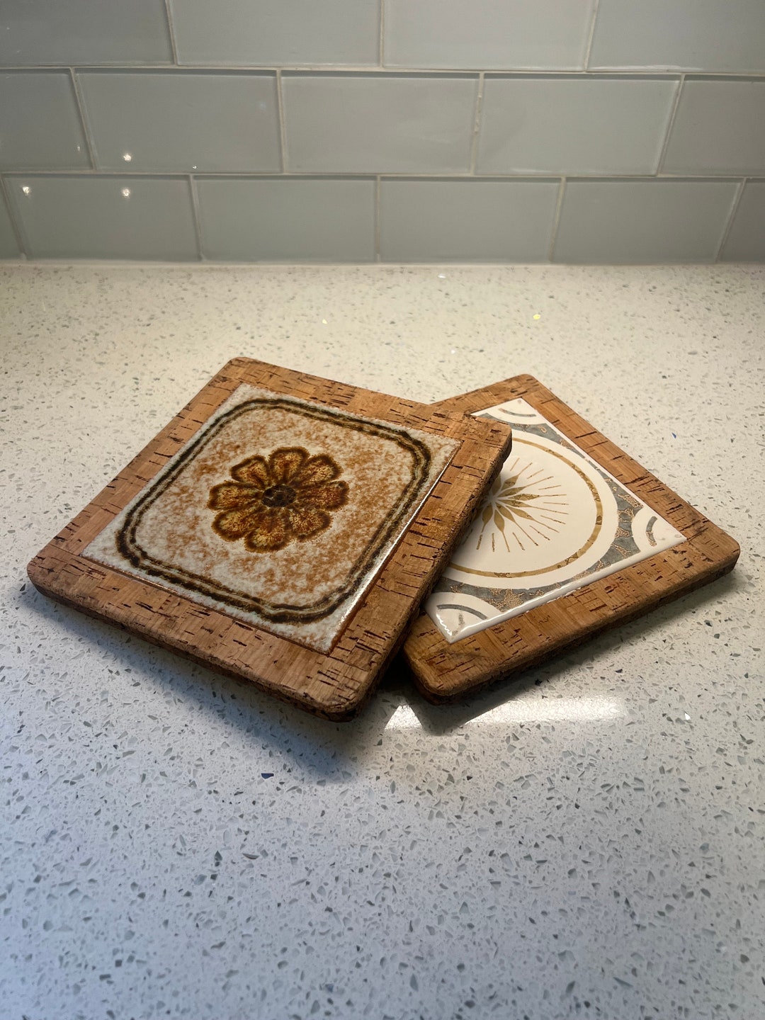 Tile & Cork Trivets - Vintage Ceramic Tile and Cork Trivets - Flower ...