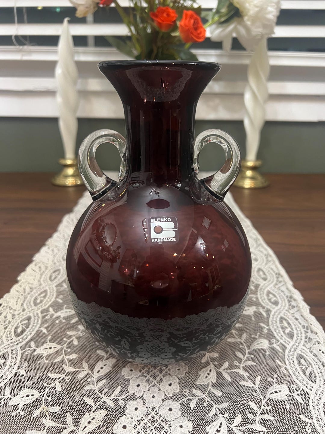 Blenko Glass Vase # 9623 Amethyst Purple With Crystal Handles 9” Tall ...