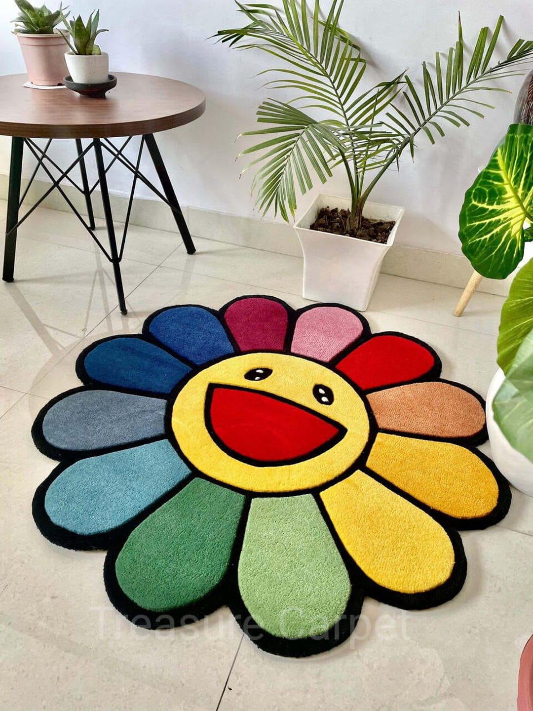 Hand Tufted Takashi Murakami Rug, Rainbow Flower Rug, Takashi Smiley ...